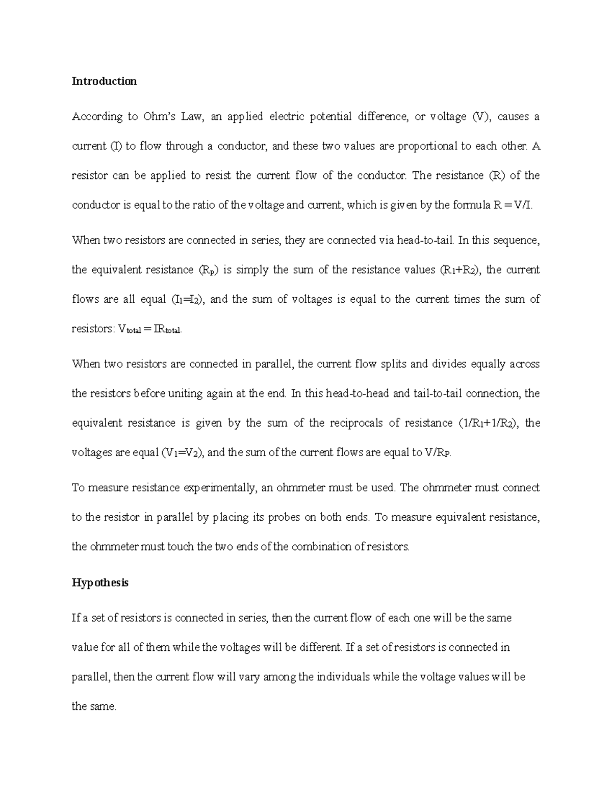 Lab Report: Resistor in Series and Parallel Connections (Part 2) - Studocu