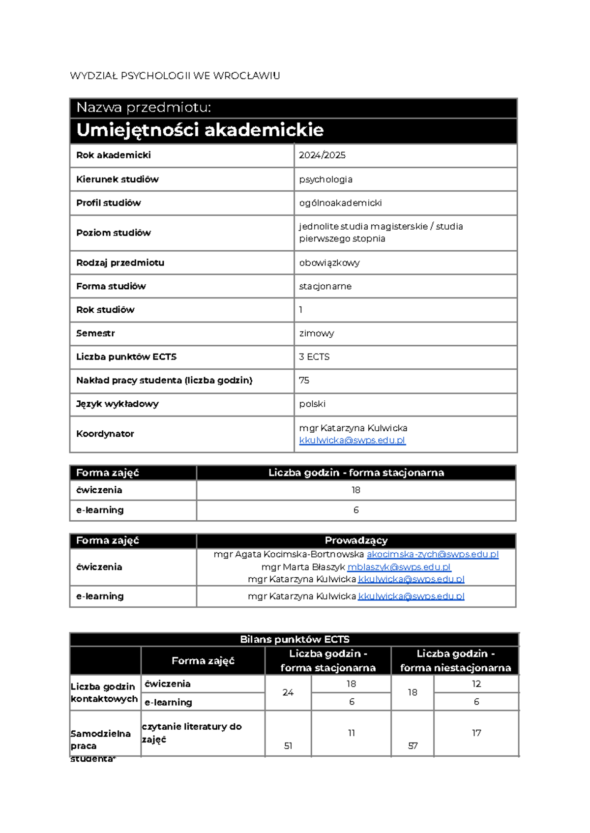 Sylabus 2024: Umiejętności Akademickie - Psychologia 1. rok - Studocu