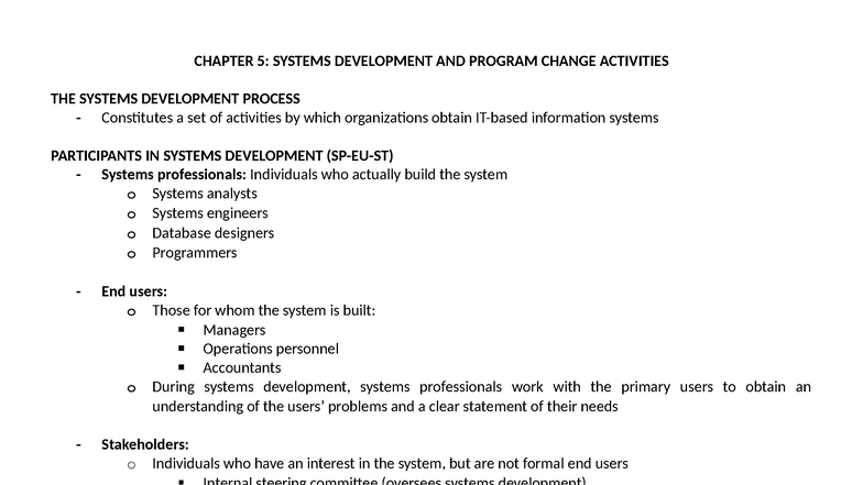 CIS 5: Systems Development & Program Change Activities Notes - Studocu
