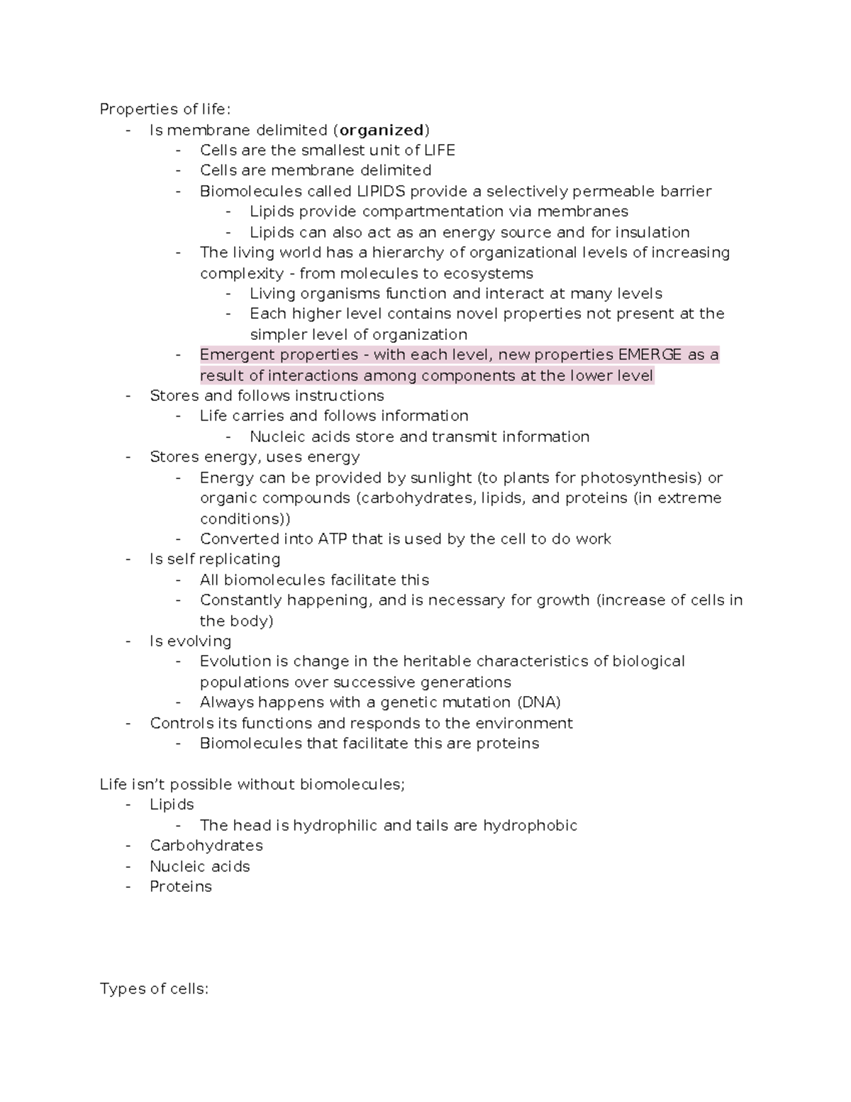 Biomolecules and Properties of Life: Overview of Cellular Organization ...