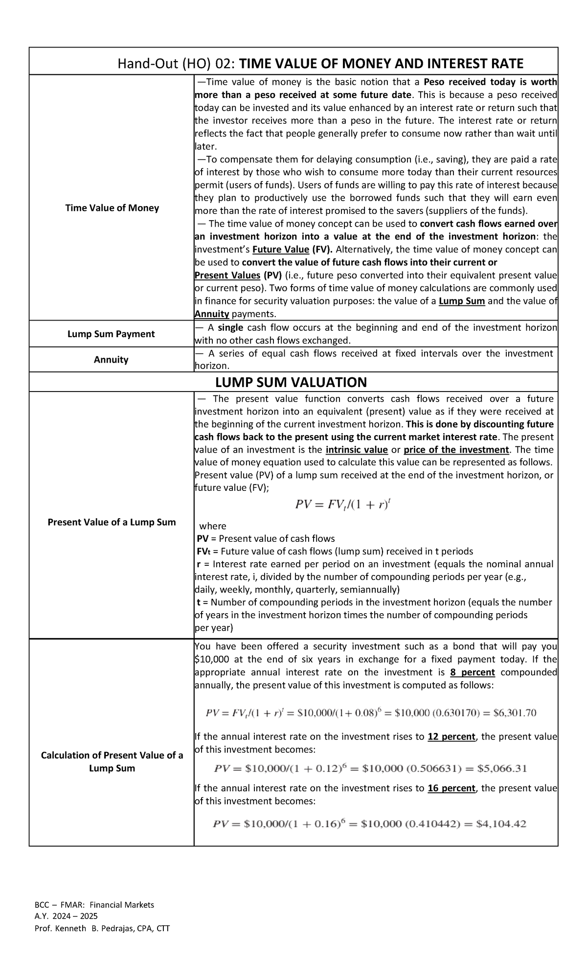HO 02 TIME Value OF Money - BCC – FMAR: Financial Markets A. 2024 ...