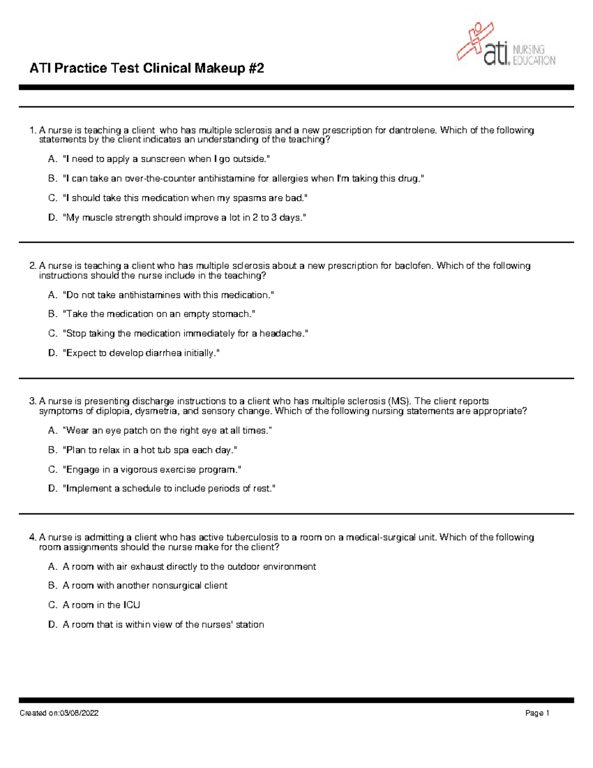 Clinical Makeup ATI Practice Test #2 – Focus on MS & TB Nursing ...