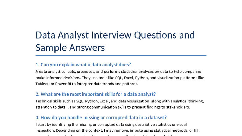 Data Analyst Interview Q&A: Key Questions & Sample Answers - Studocu