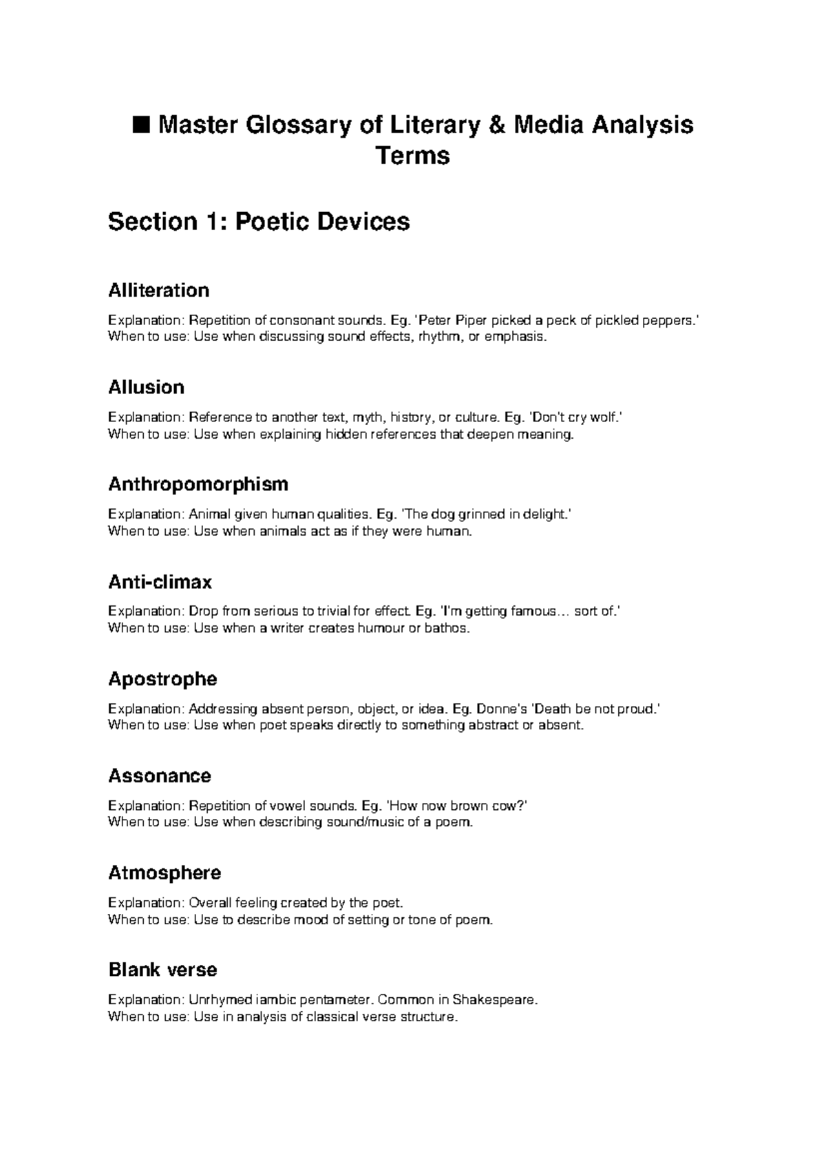 Master Glossary of Literary Media Analysis Terms (Section 1) - Studocu