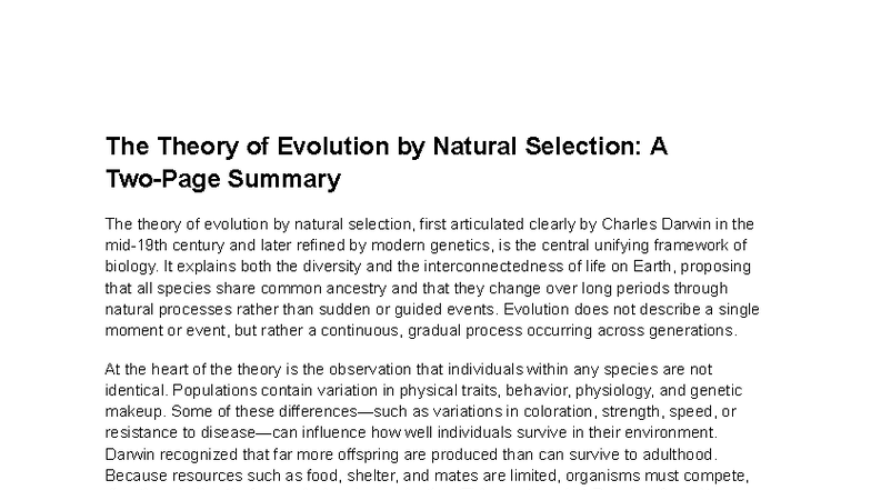 The Theory of Evolution by Natural Selection: A Two-Page Summary - Studocu