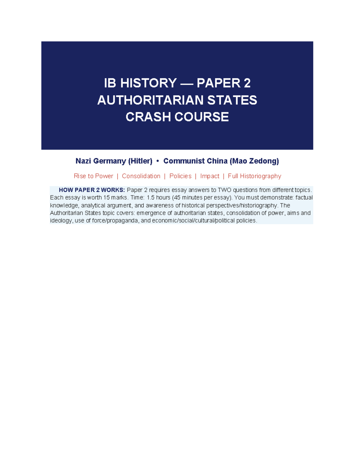 IB HISTORY PAPER 2: AUTHORITARIAN STATES - NAZI GERMANY & COMMUNIST ...