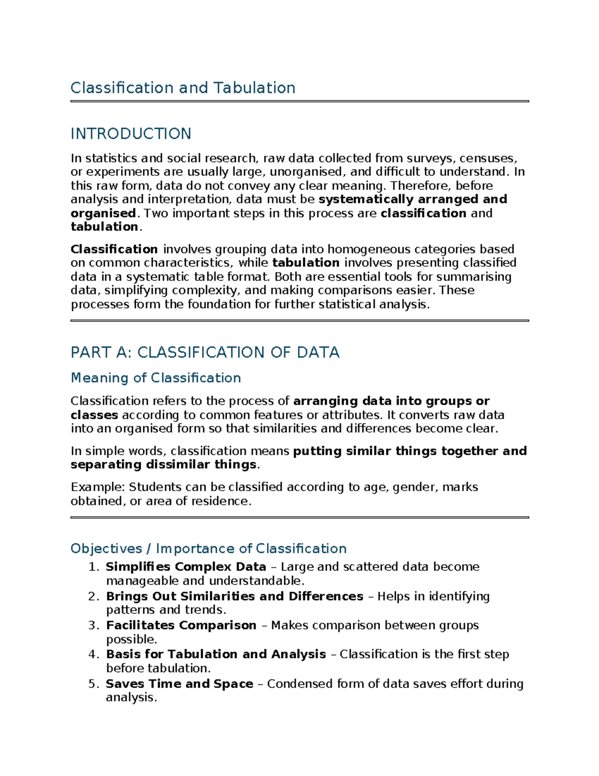 Classification and Tabulation – 22 Mark Exam Summary - Studocu