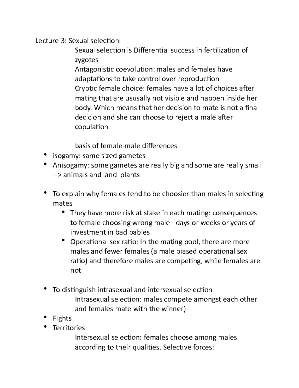 Lecture 3 - Lecture 3: Sexual selection: Sexual selection is ...