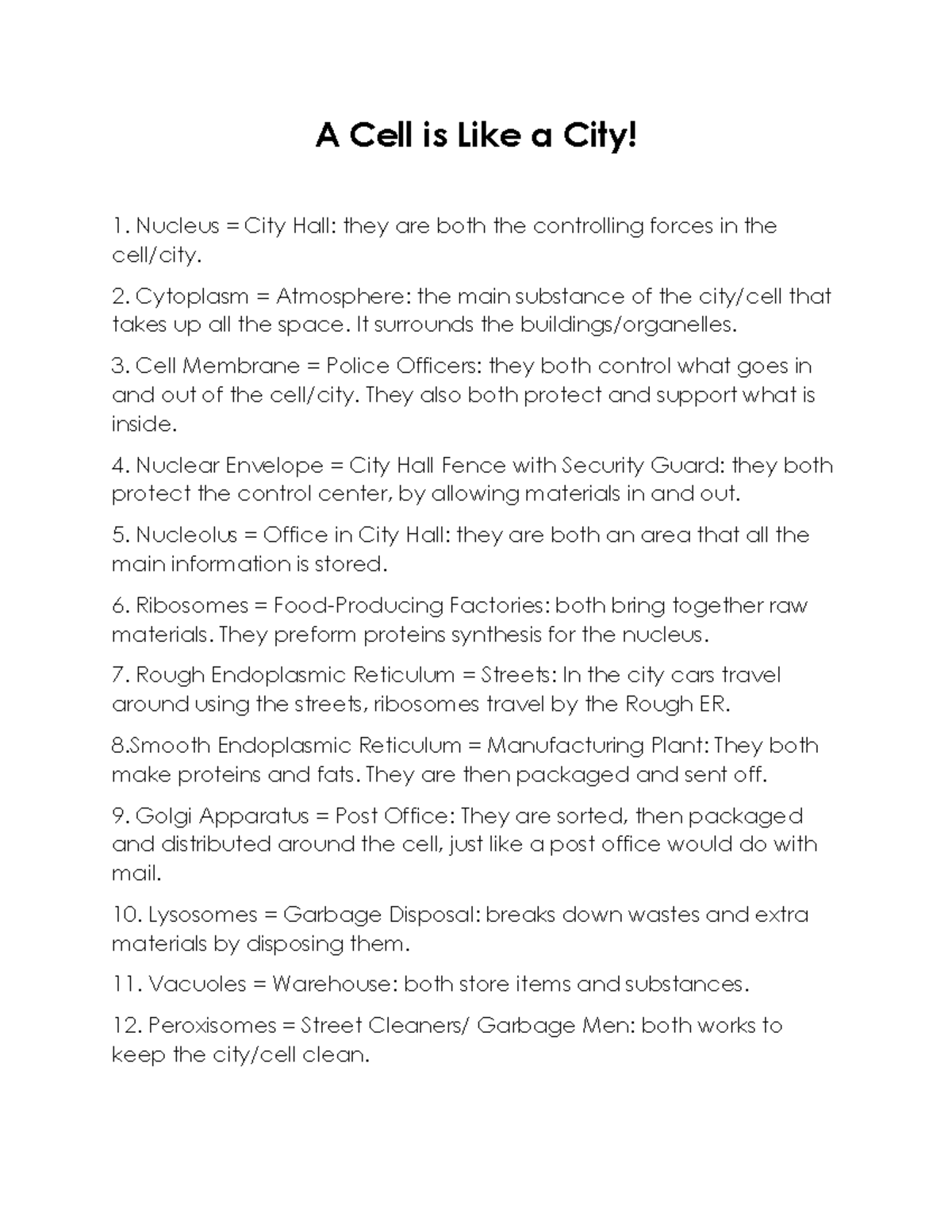 A Cell is Like a City: Cell Structure Analogy - A Cell is Like a City ...