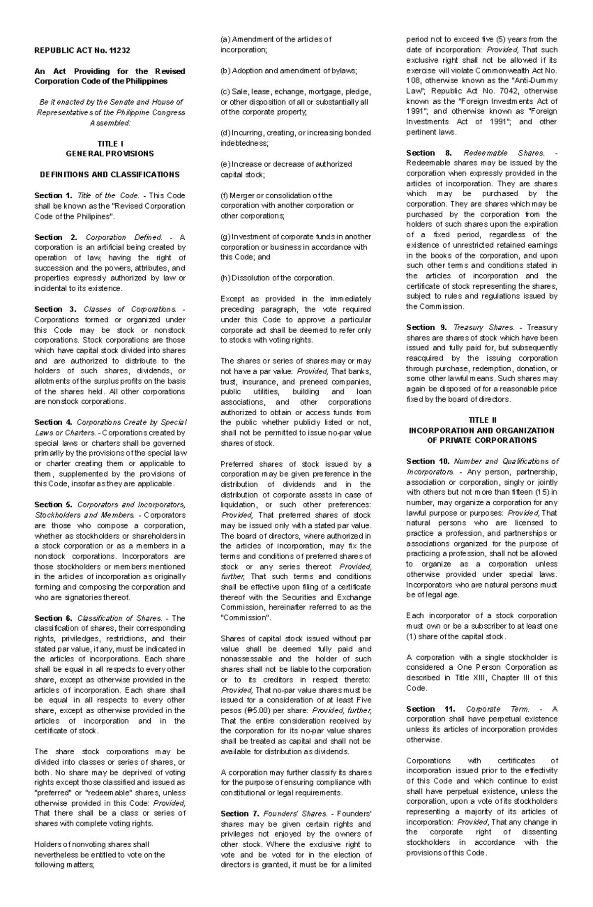 Revised Corporation Code (Republic Act No. 11232) - Summary and ...