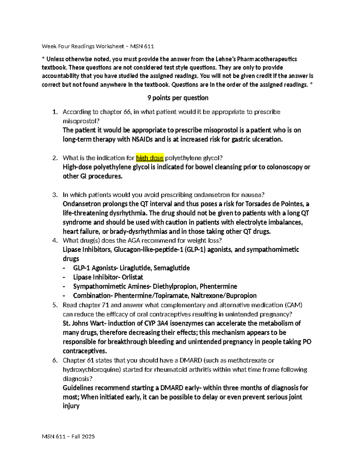 Week 4 Worksheet: Pharmacotherapeutics Review - MSN 611 - Studocu