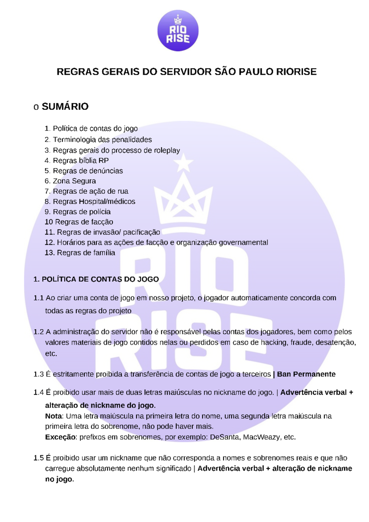 Regras Gerais de Roleplay - RIORISE-9 - Servidor São Paulo - Studocu
