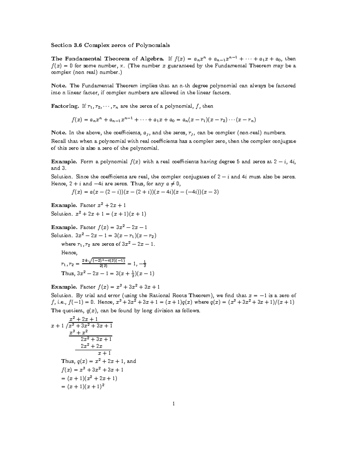 6. ss 3 6 - Notes - Section 3 Complex zeros of Polynomials The ...