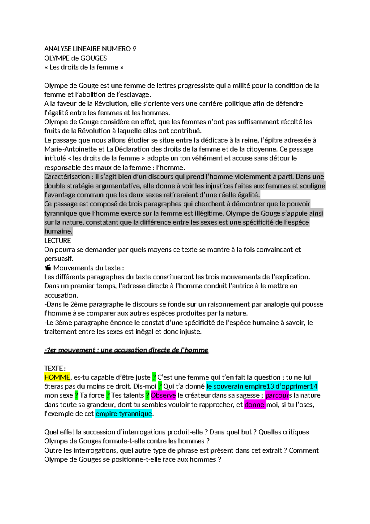 Analyse Linéaire N°9 : Olympe de Gouges et les Droits de la Femme - Studocu