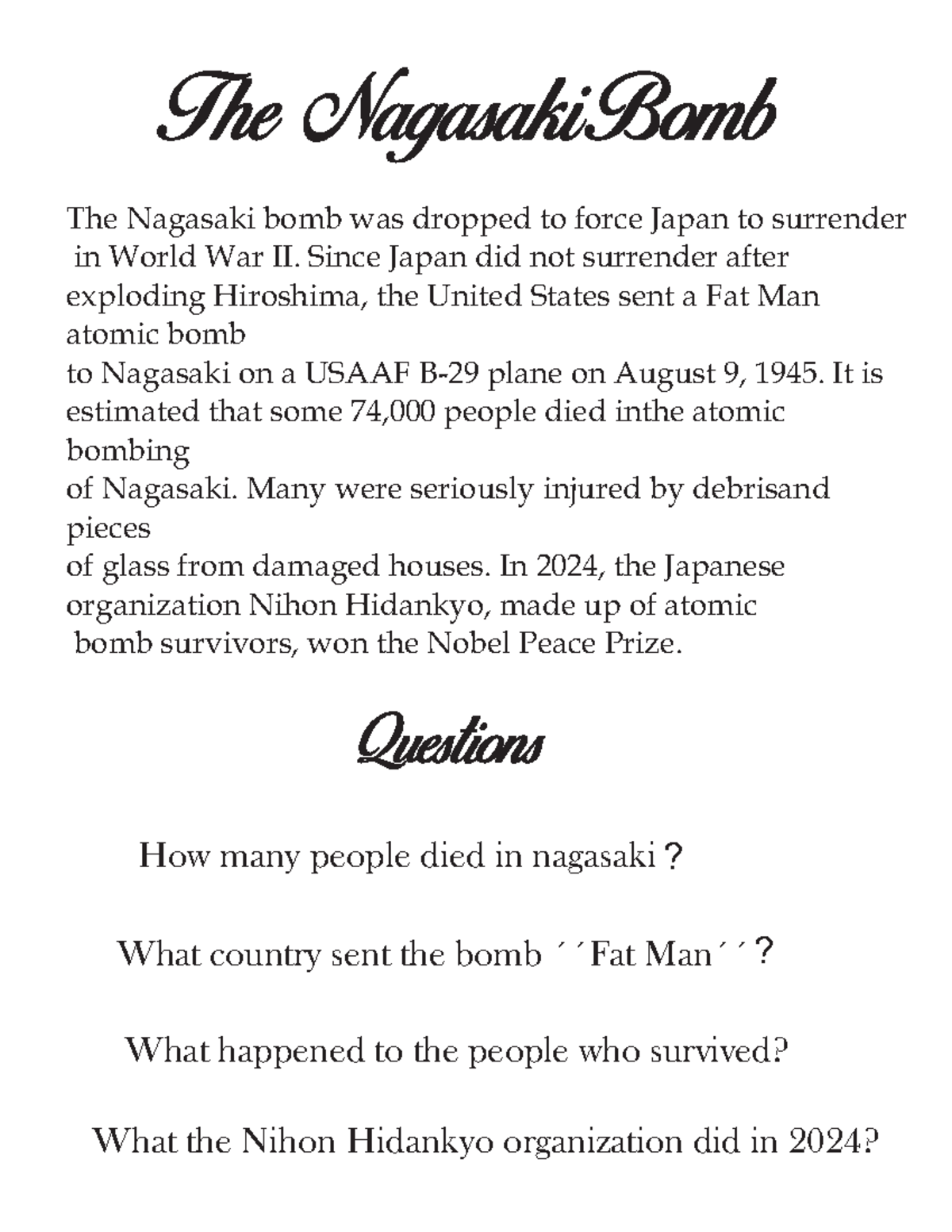Nagasaki bomb - of Nagasaki. Many were seriously injured by debrisand ...