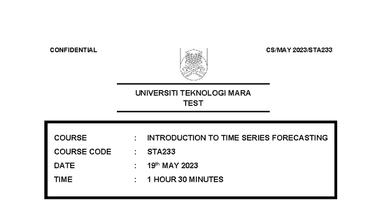 Test STA233 - Introduction to Time Series Forecasting - May 2023 - Studocu