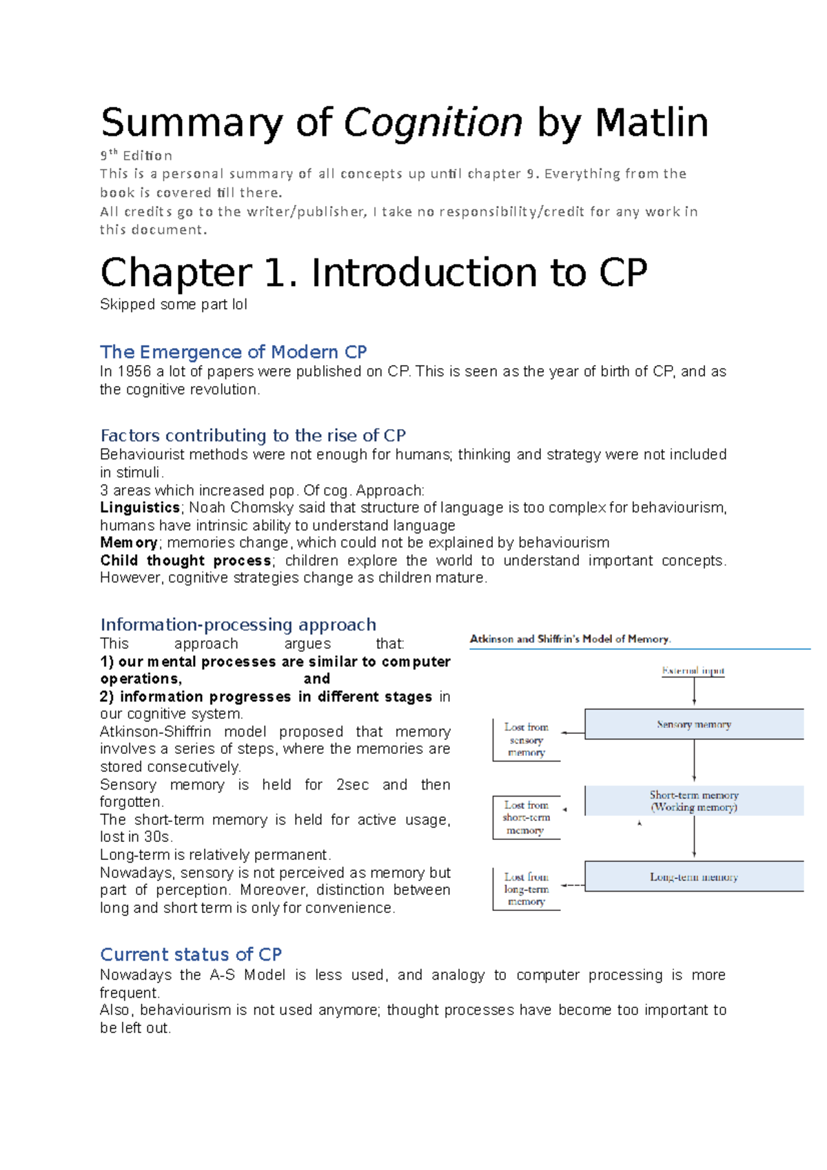 Thinking and Deciding: Extensive Summary of Cognition by Matlin, Chpt 1 ...