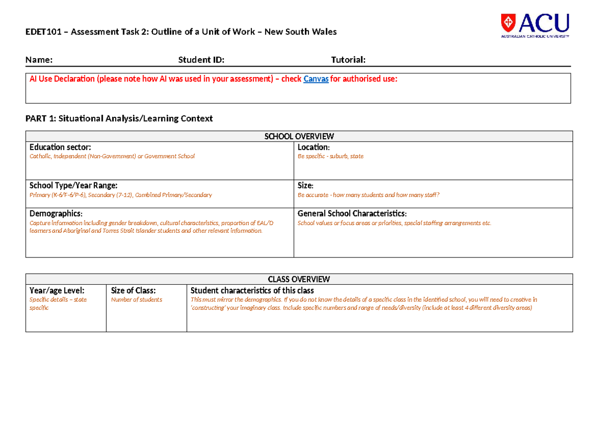 EDET101 Assessment Task 2: Unit of Work Outline for NSW S2 2025 - Studocu