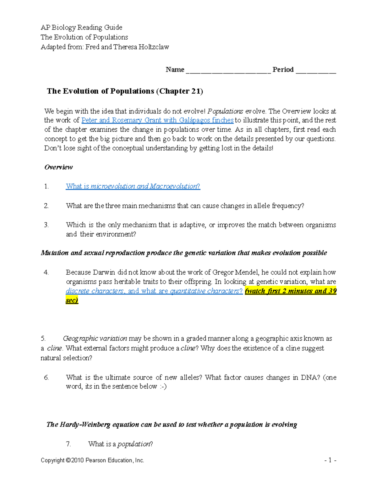 AP Biology Chapter 21 Reading Guide: Evolution of Populations - Studocu