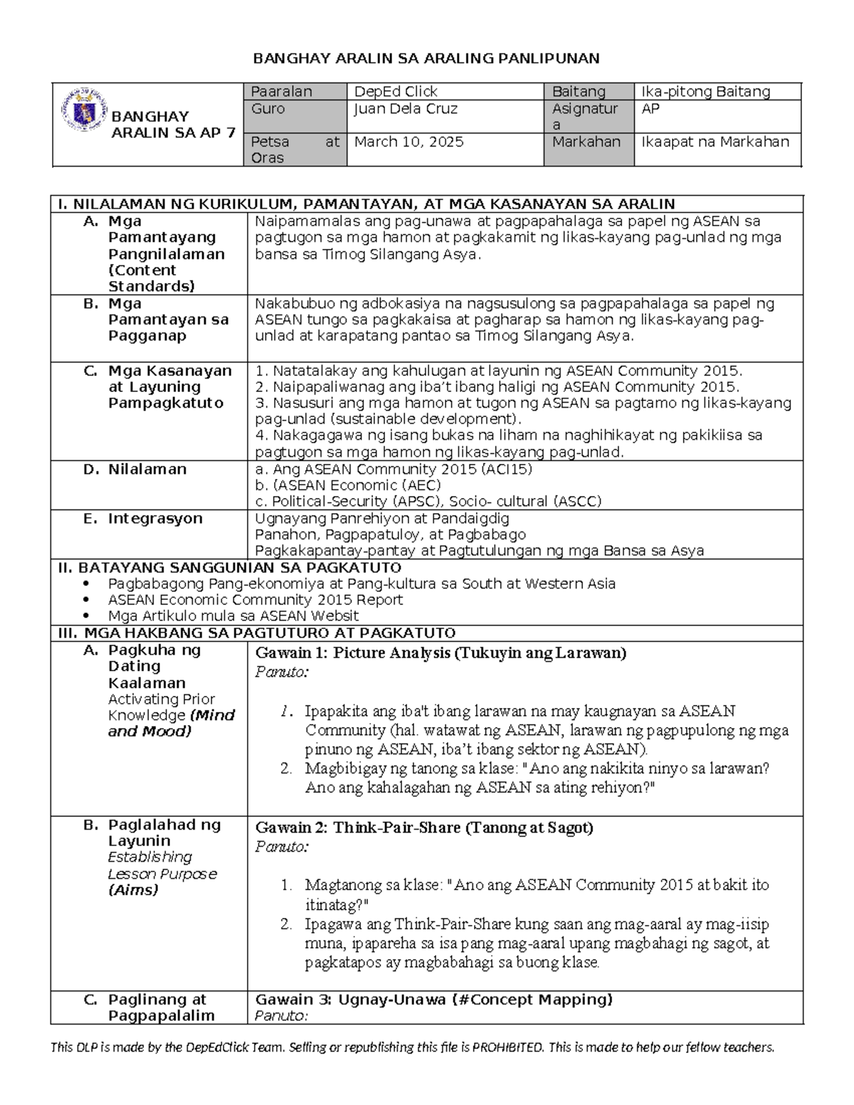 CO AP7 Q4 Lesson Plan: Understanding ASEAN's Role in Development - Studocu