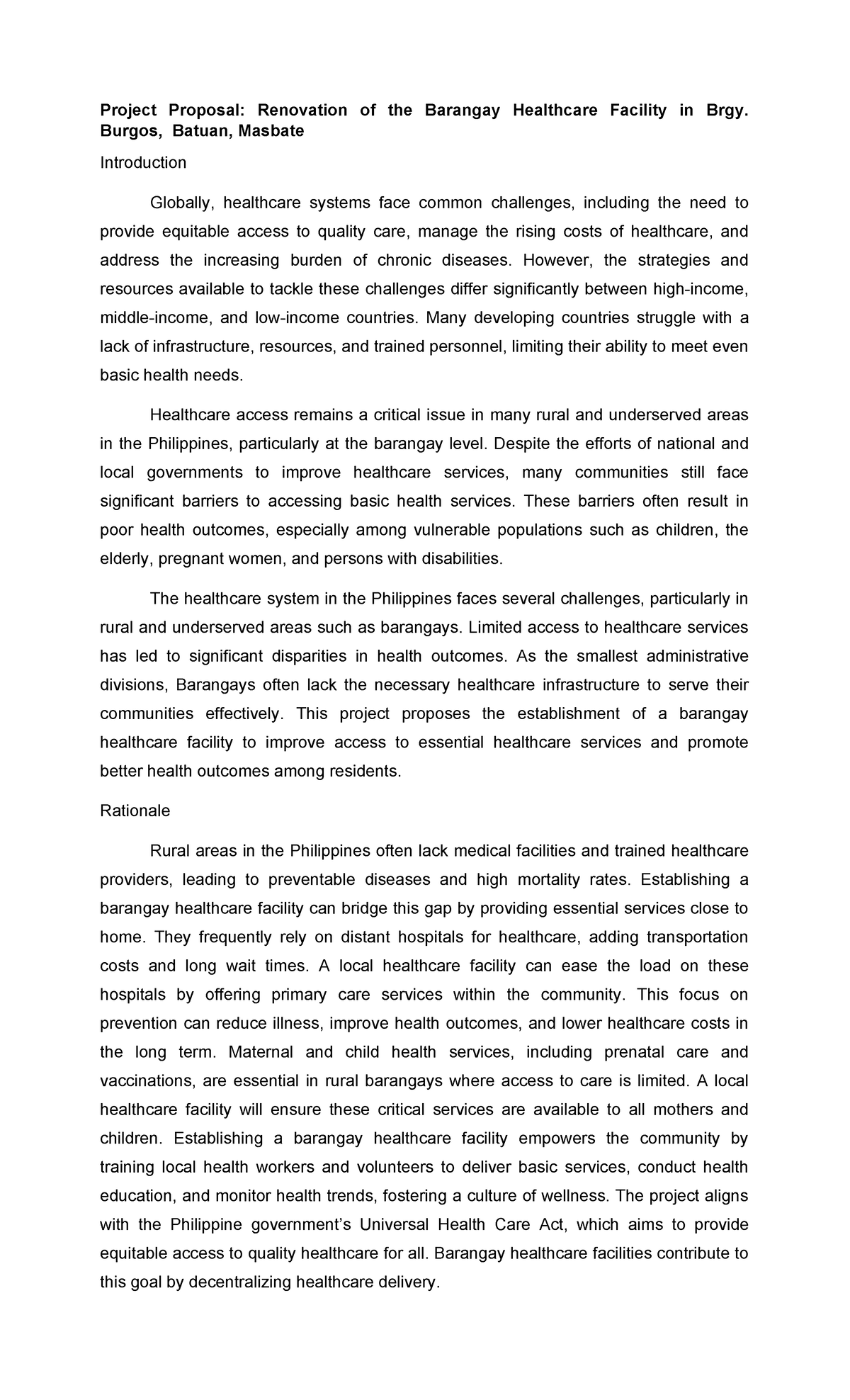Project Proposal: Establishment of Barangay Healthcare Facility in ...