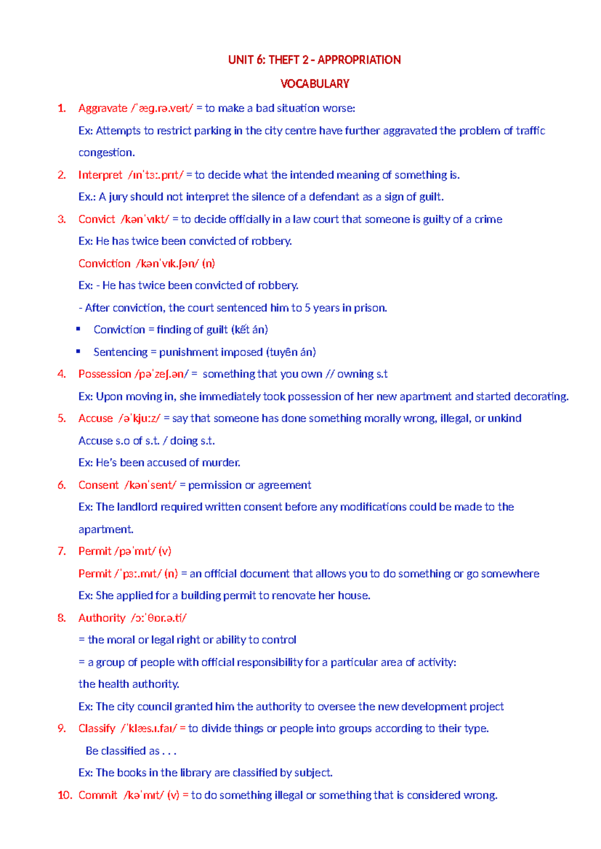 UNIT 6: THEFT 2 - Vocabulary Terms and Definitions - Studocu