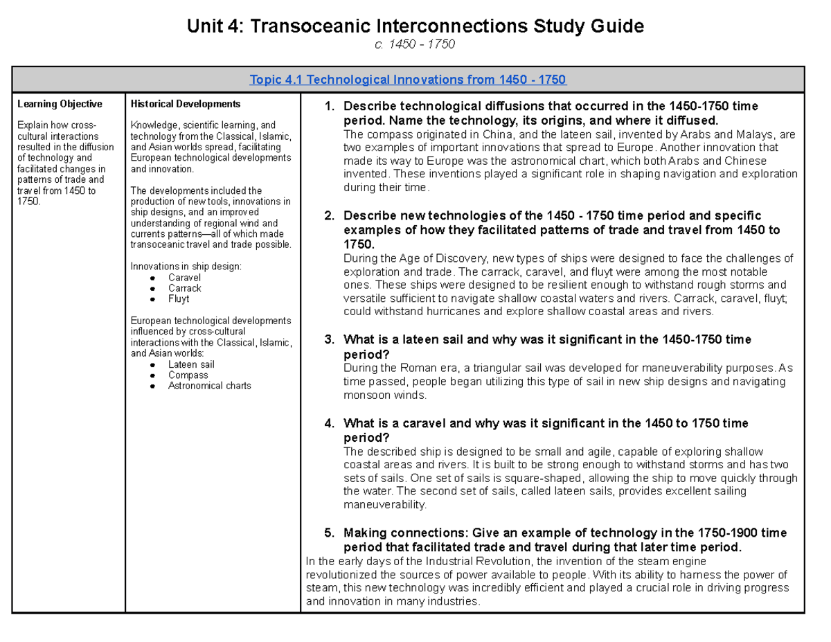 AP World History Unit 4 Study Guide: Transoceanic Interconnections ...