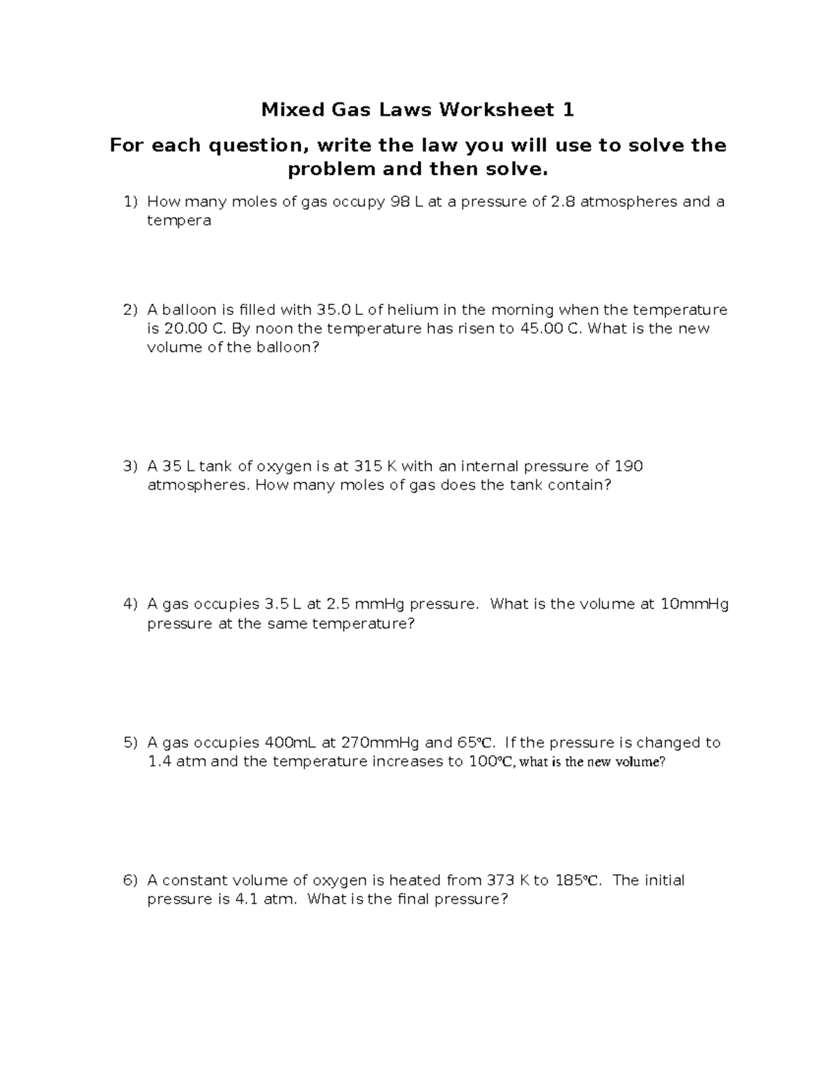 Mixed Gas Laws Worksheet 1: Problem Solving Guide - Studocu