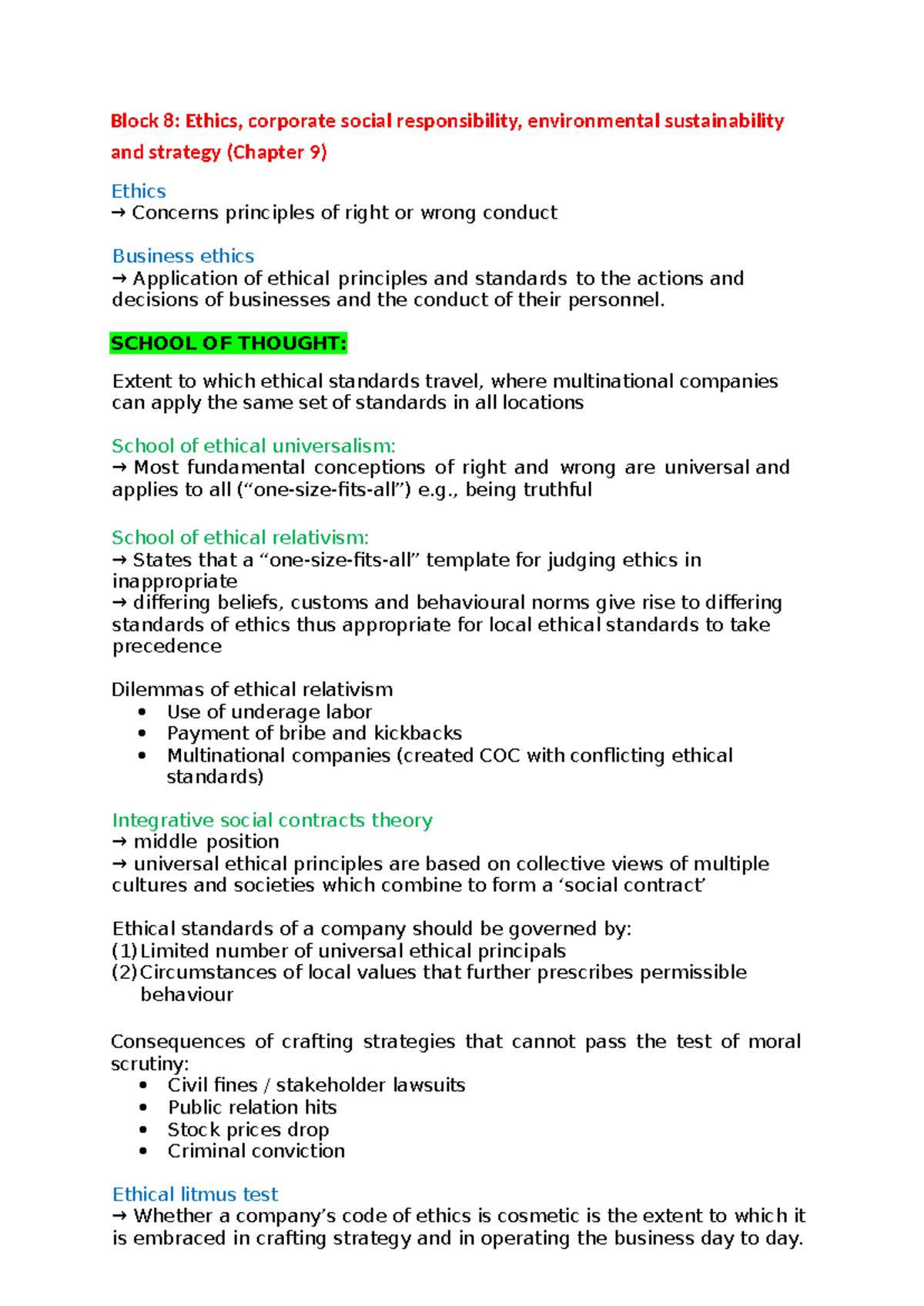 Block 8: Ethics & CSR in Business Strategy (Chapter 9) - Studocu