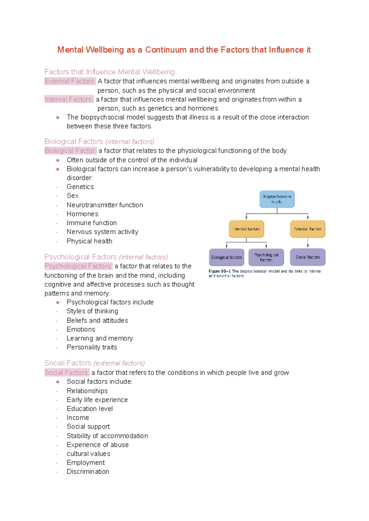 Psych Notes Unit 4 AOS 2: Mental Wellbeing Influences - Studocu