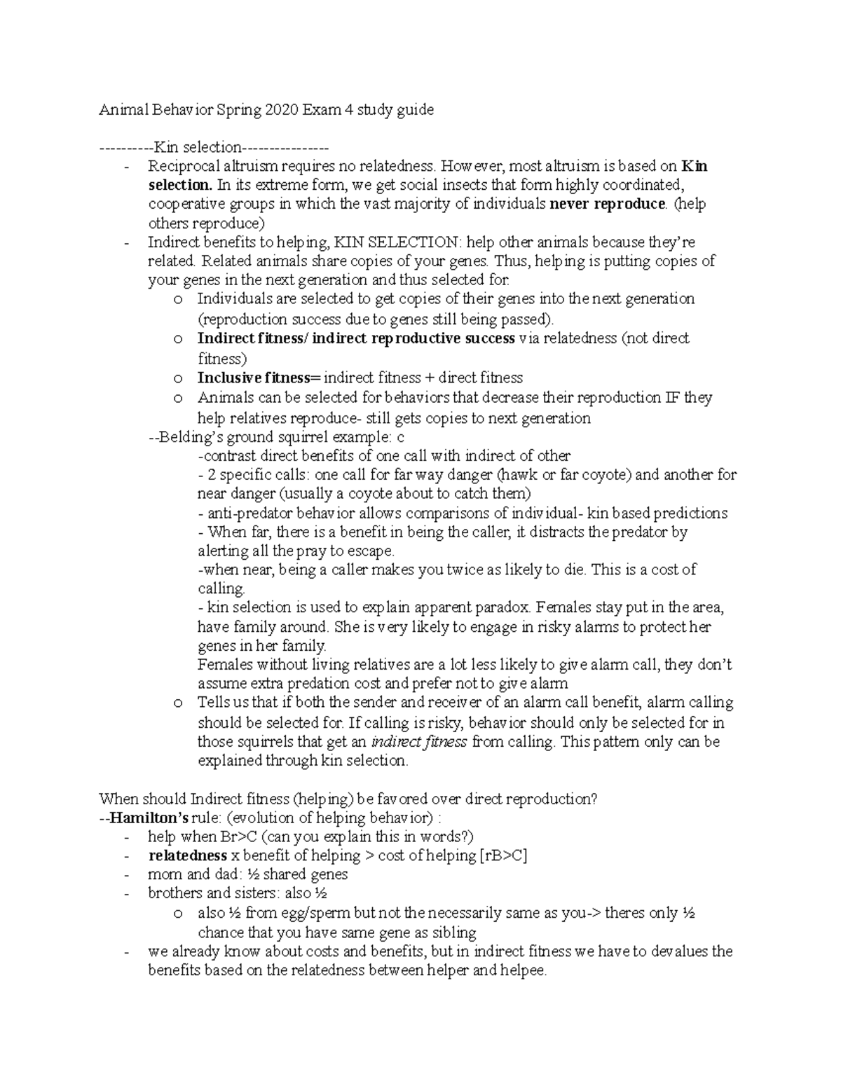 Animal Behavior Spring 2020: Exam 4 Study Guide and Key Concepts - Studocu