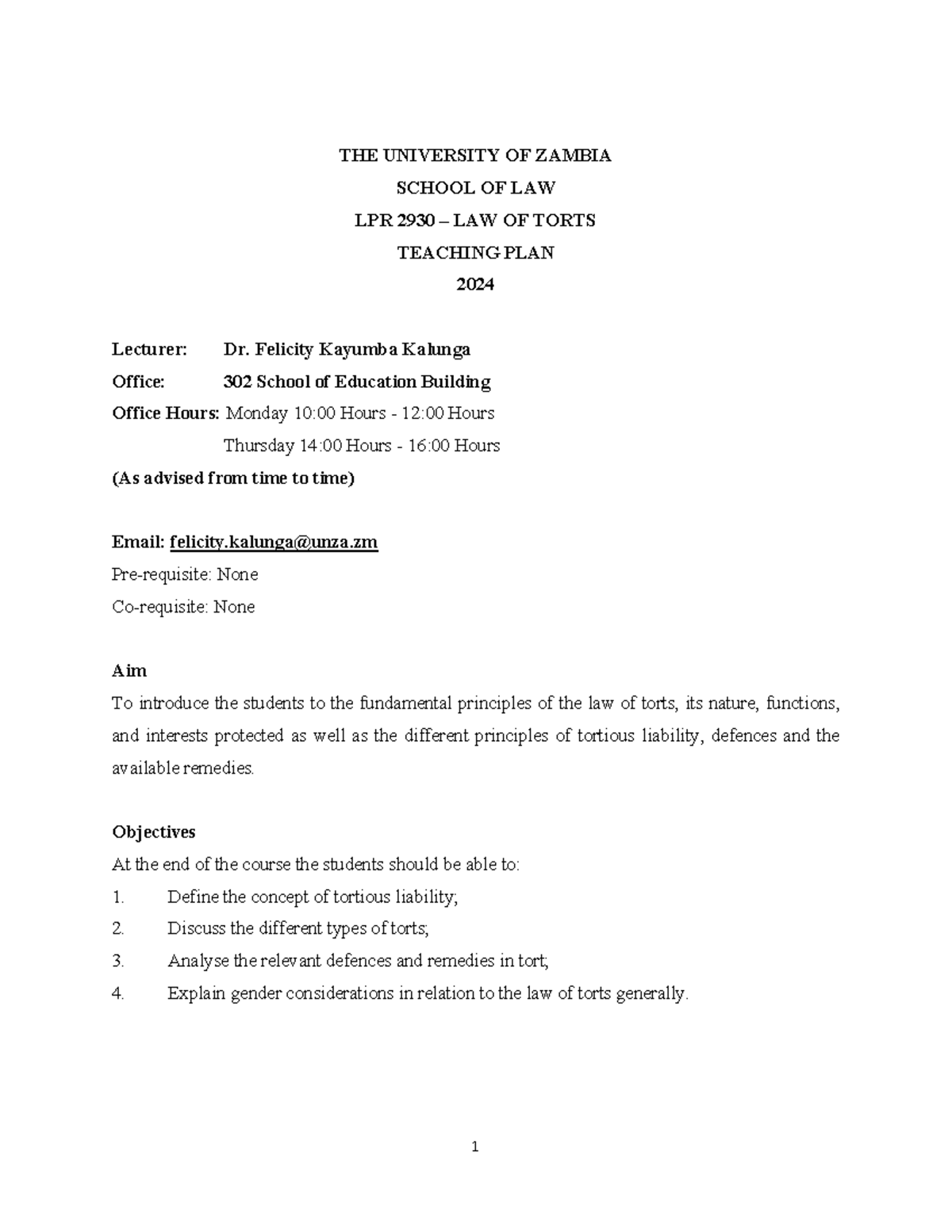 LPR 2930 Law of Torts Teaching Plan and Revision Schedule 2024 - Studocu