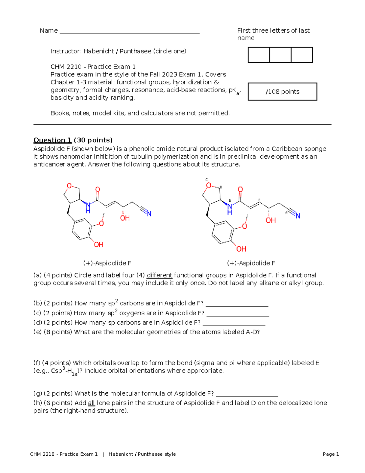 CHM 2210 Fall 2023 Practice Exam 1 - Habenicht Punthasee - Studocu