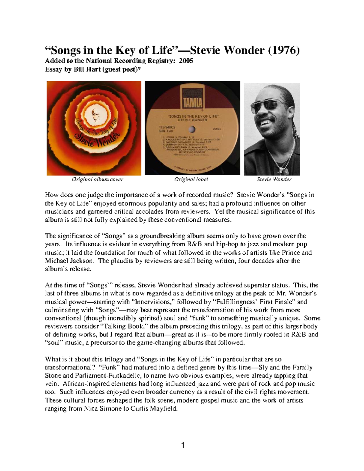 Essay on Stevie Wonder's 'Songs in the Key of Life' - Studocu