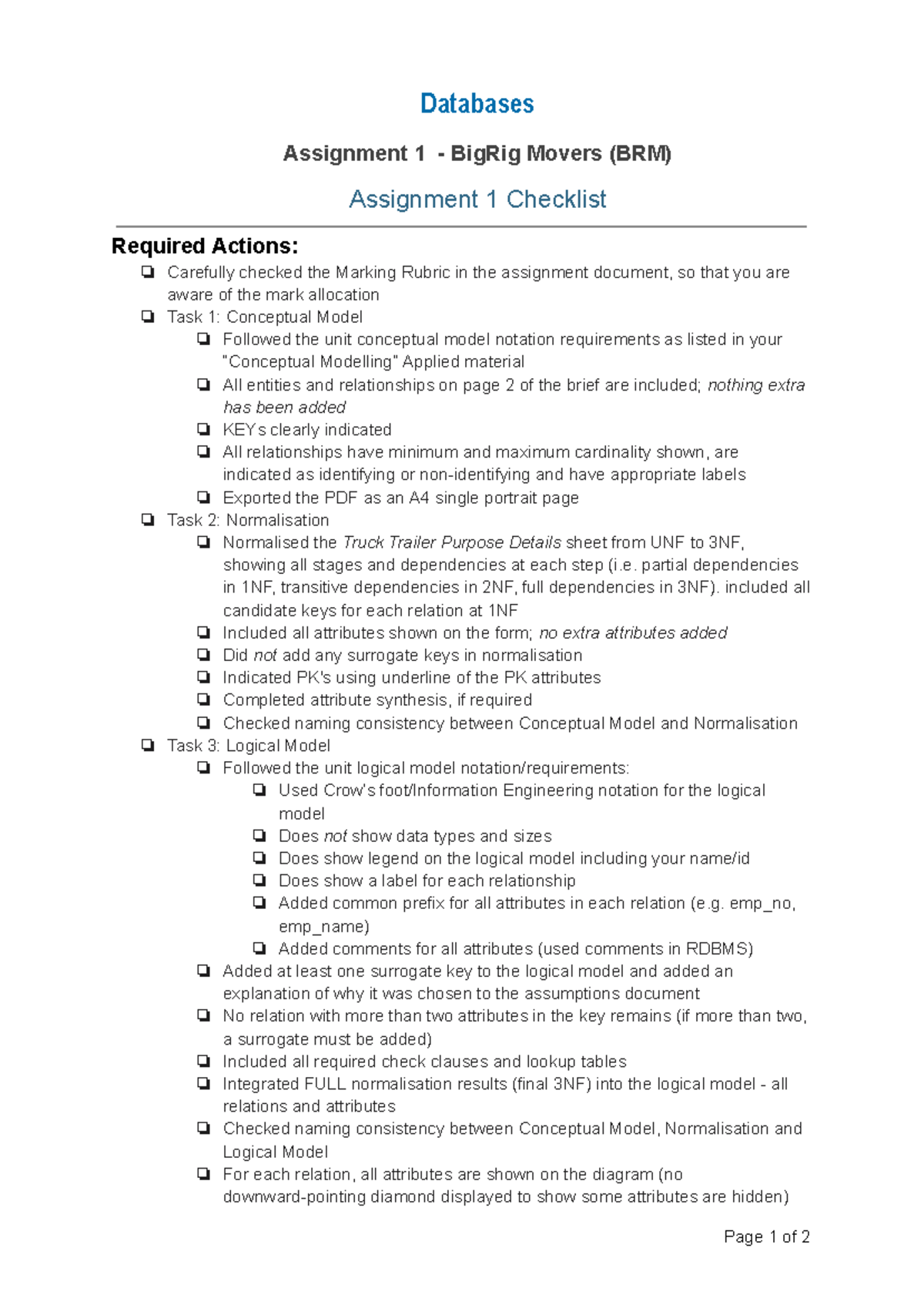 FIT3171 Assignment 1 Checklist for BigRig Movers (BRM) - Studocu