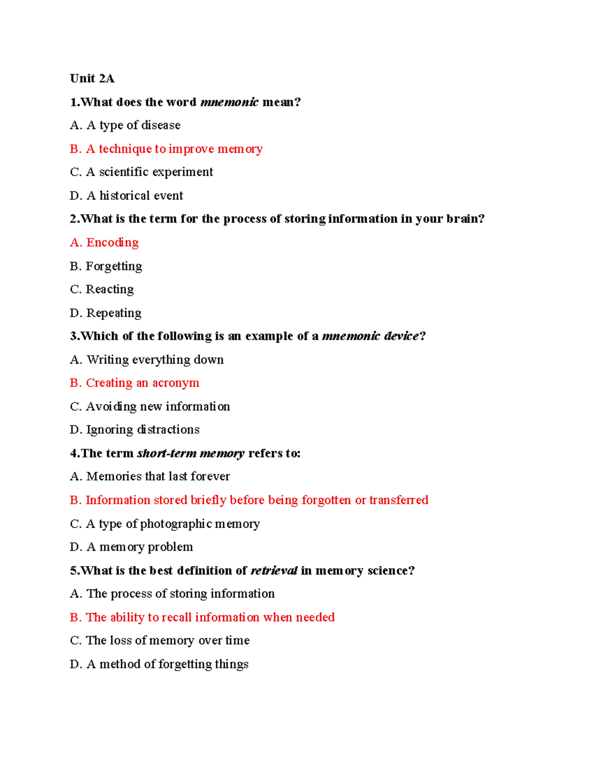 Unit 2A - Memory Techniques and Mnemonic Devices Quiz - Studocu