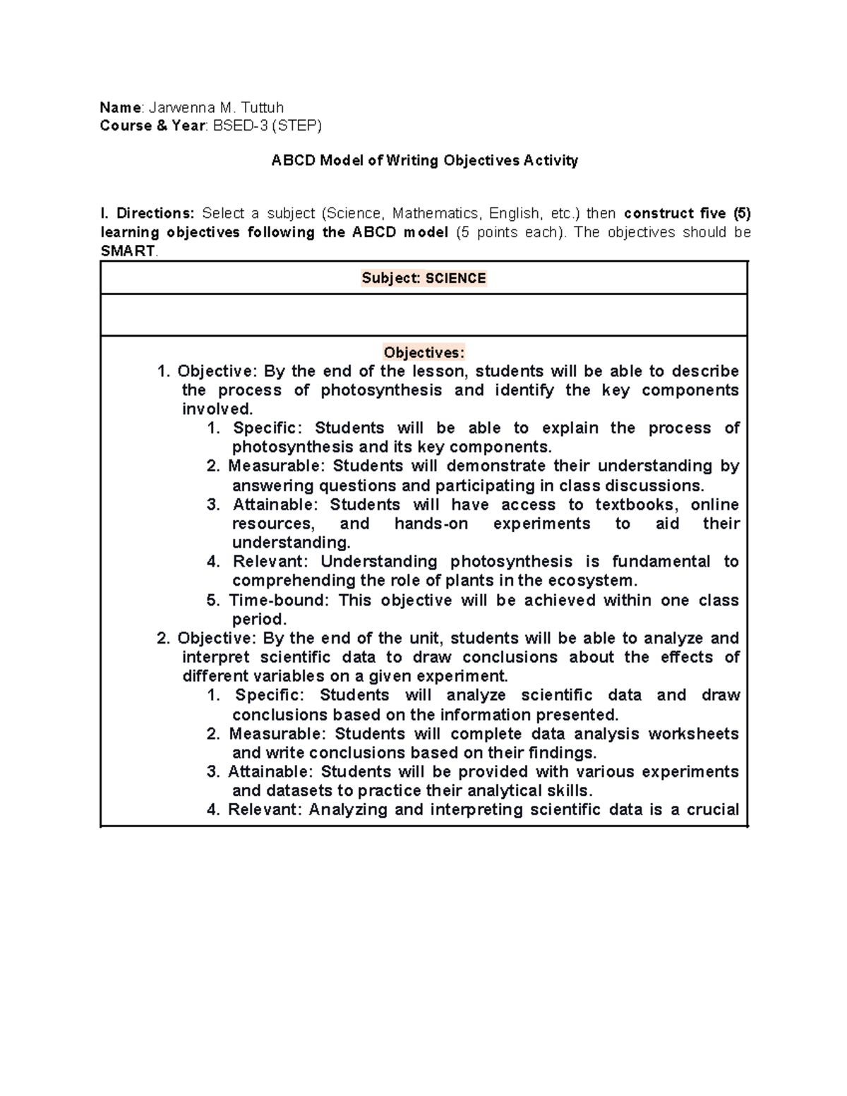ABCD Model of Writing Objectives Activity - Name: Jarwenna M. Tuttuh ...