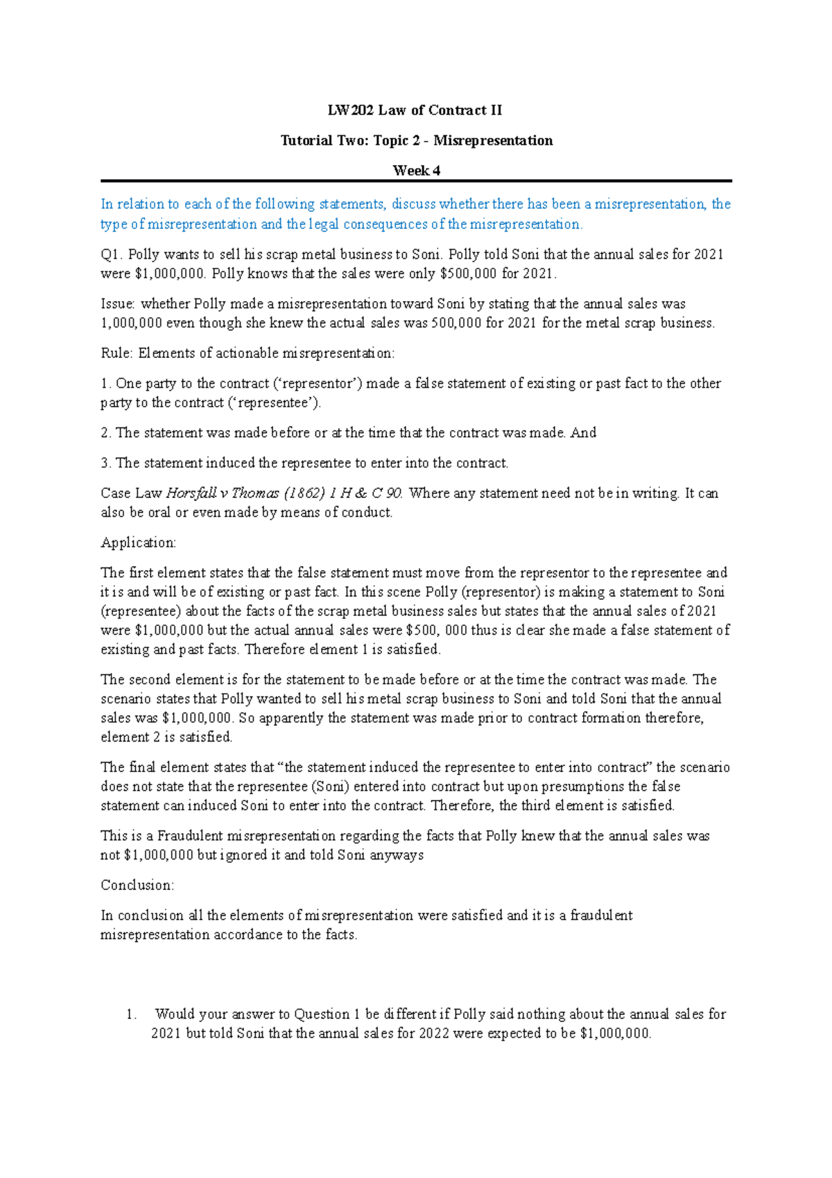LW202 Law of Contract II Tutorial 2: Misrepresentation Analysis - Studocu