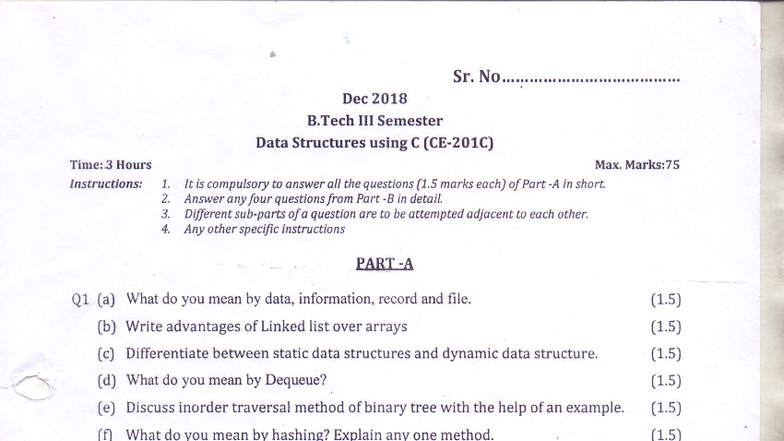 Data Structures Using C (CE-201C) - Dec 2018 Exam Paper - Studocu