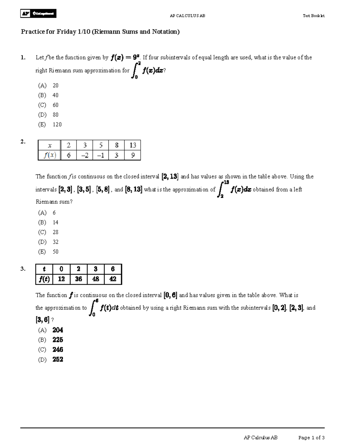 1.10 Practice Riemann Sums and Notation - Let f be the function given ...