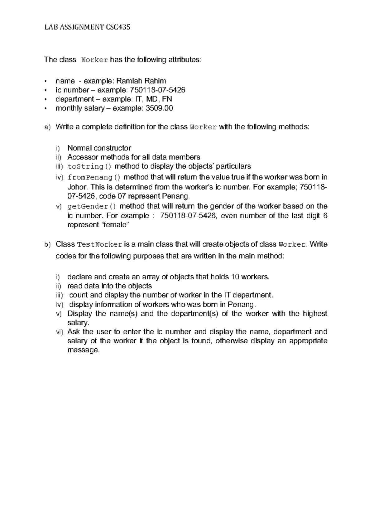 LAB ASSIGNMENT CSC435: Class Worker Implementation and Testing - Studocu