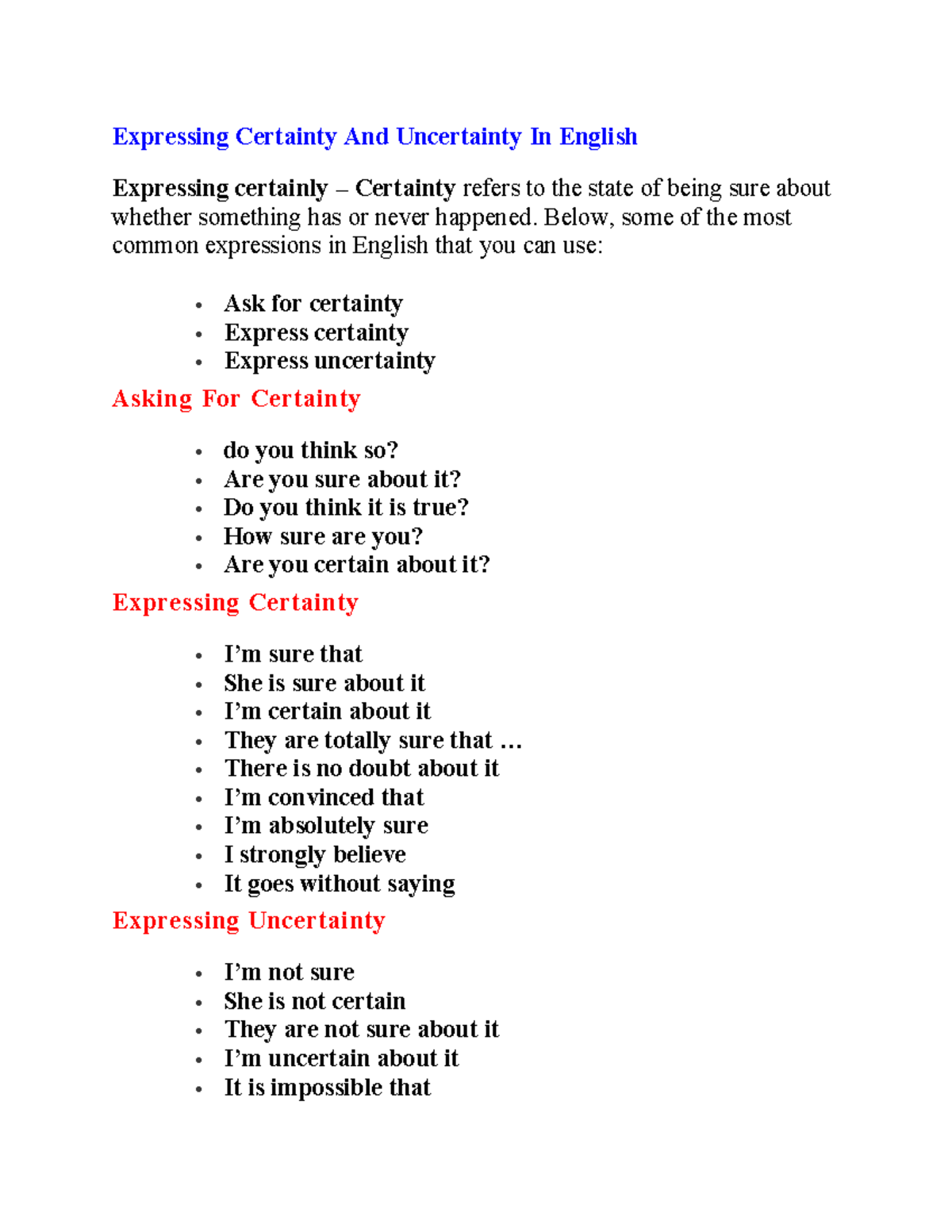 English Language Lesson: Certainty & Uncertainty Expressions - Studocu