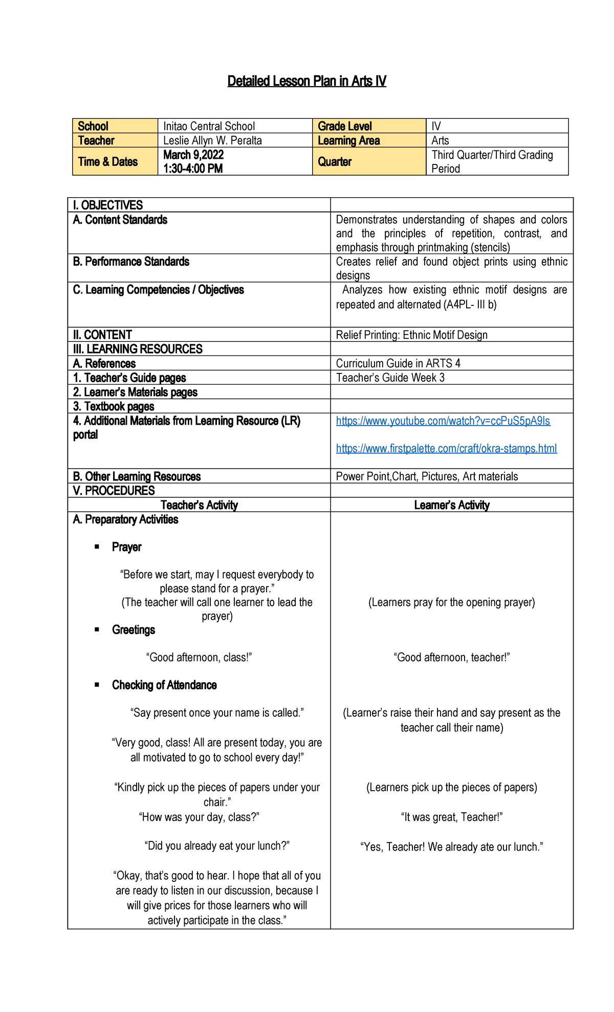 Detailed Lesson Plan: Arts IV - Relief Printing & Ethnic Motifs - Studocu