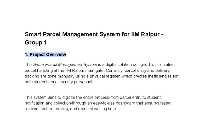 Smart Parcel Management System for IIM Raipur - Project Overview - Studocu