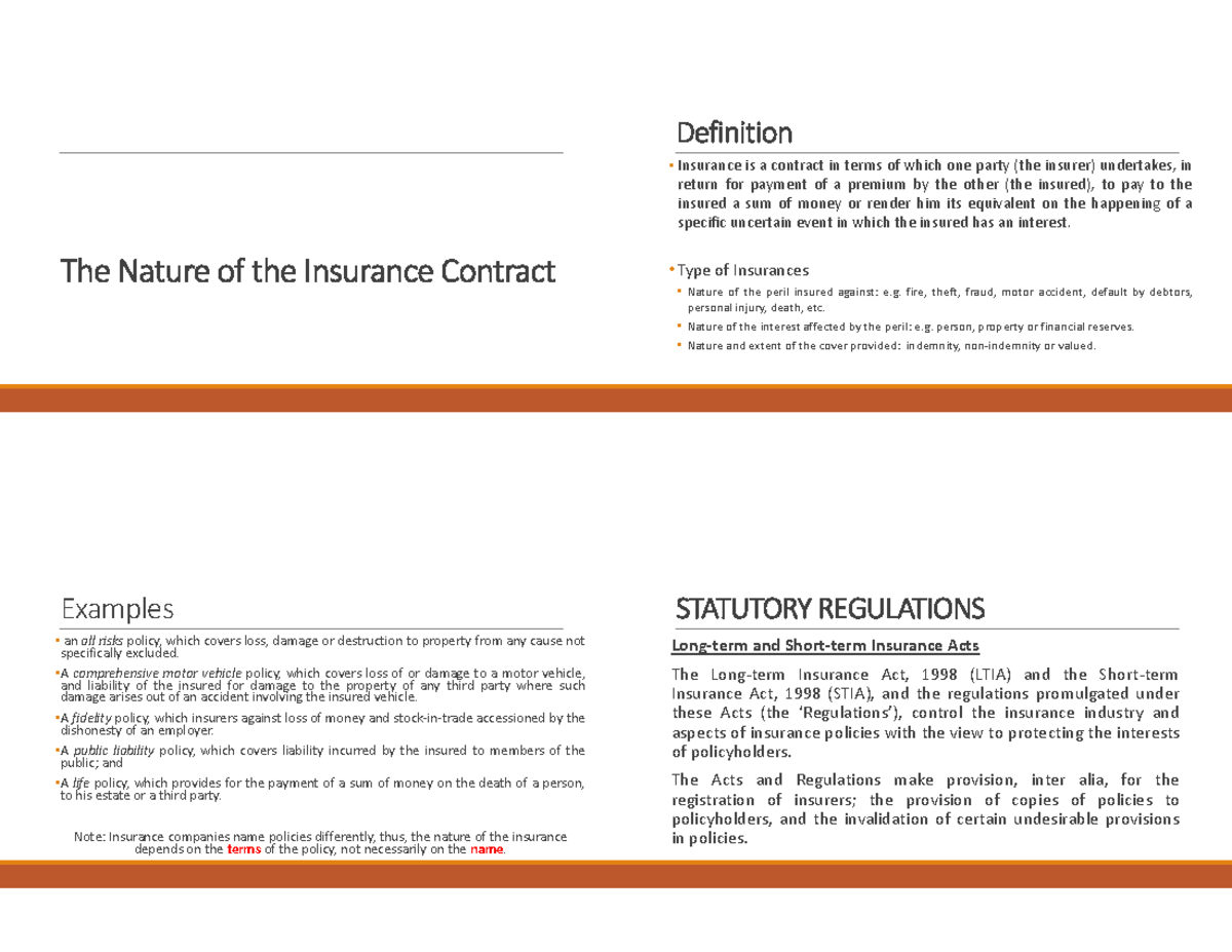 Insurance Contracts: Types, Regulations, and Key Principles (Lecture ...