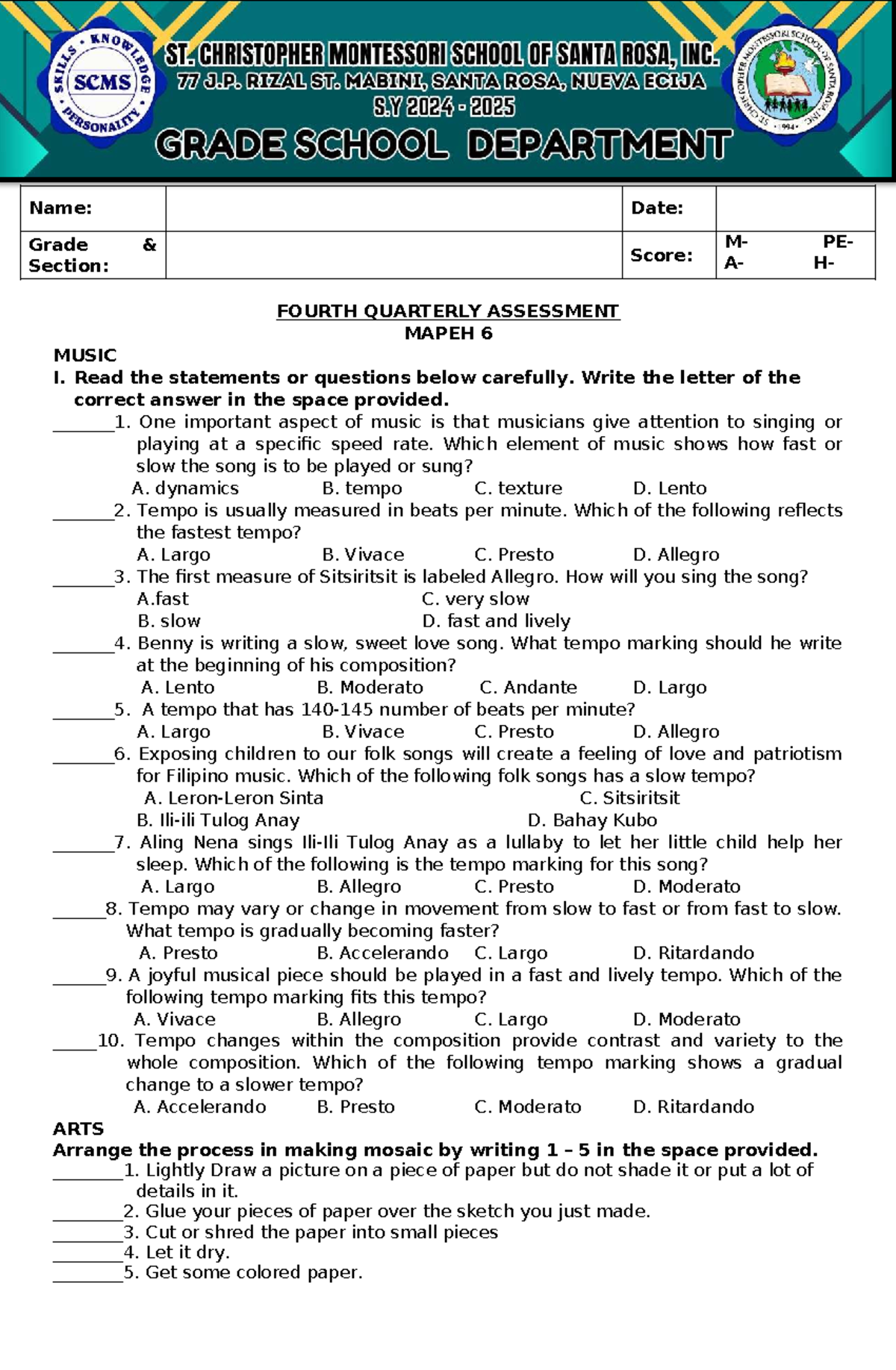 Grade 6 MAPEH Quarterly Assessment: Music & Arts Insights - Studocu