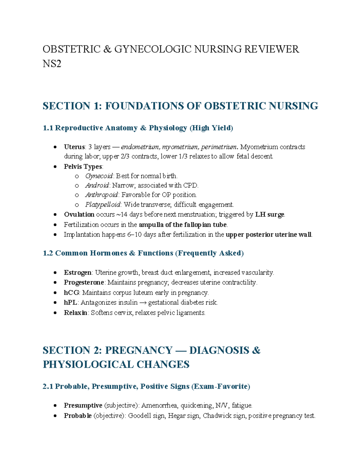 Obstetric & Gynecologic Nursing Reviewer NS2: High-Yield Study Guide ...