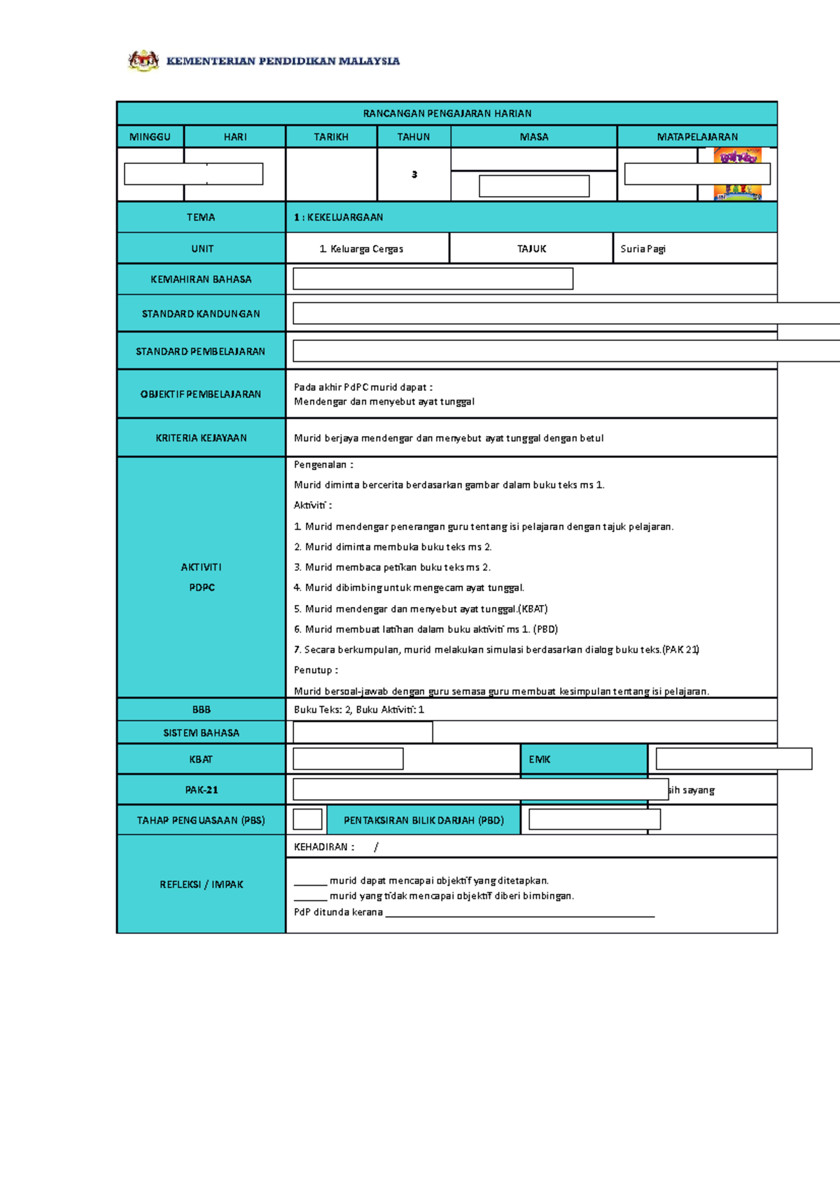 RPH BM THN 3-Unit 1 - Contoh RPH BM tahun 3 - RANCANGAN PENGAJARAN ...