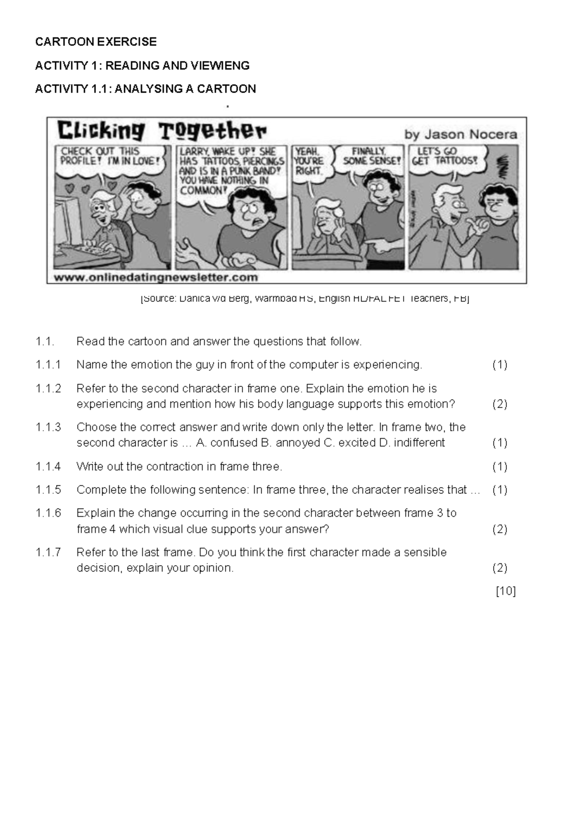 Cartoon exercise activity 1: Reading and viewing analysis - Studocu