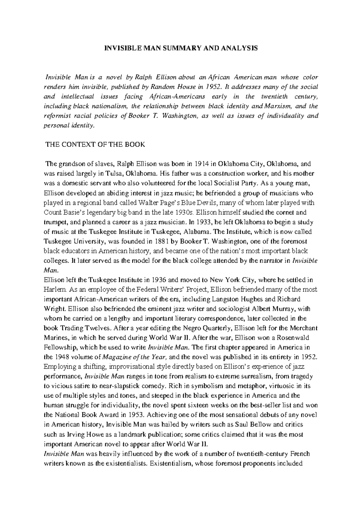 INVISIBLE MAN SUMMARY AND ANALYSIS - INVISIBLE MAN SUMMARY AND ANALYSIS ...